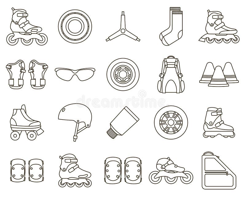 Set of Inline Roller Skates and Accessories Icons Isolated on White ...