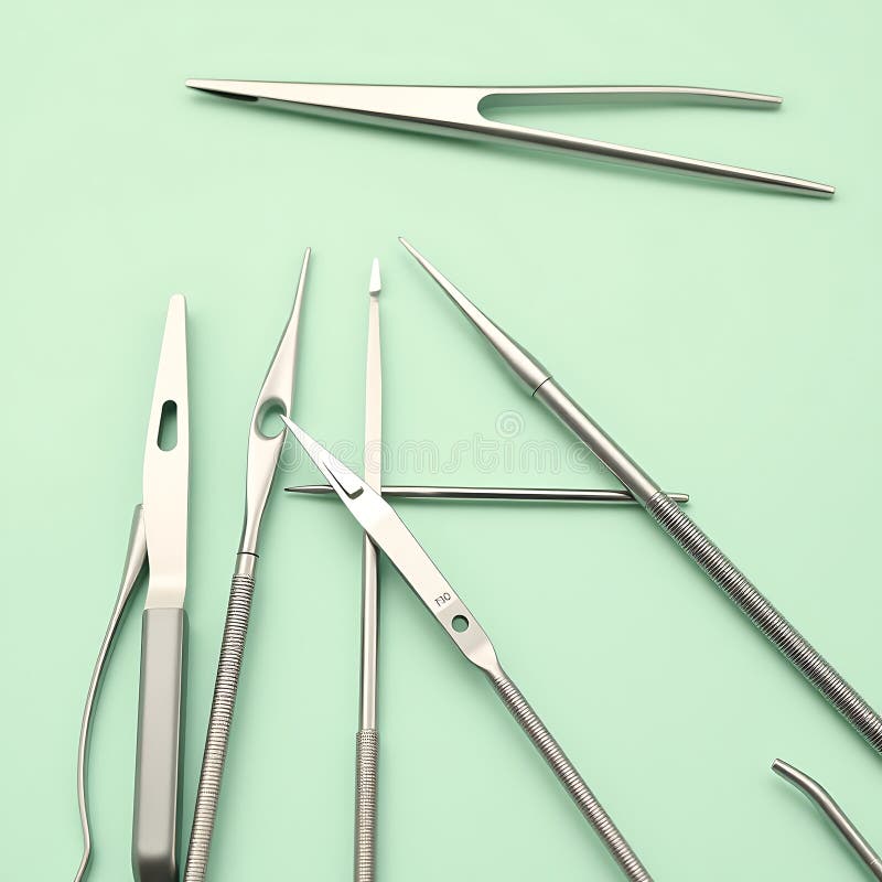 A Set of Instruments for Minimally Invasive Surgery on a Pastel Green ...