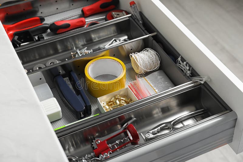 Set of Instruments in Open Desk Drawer Stock Image - Image of organized ...