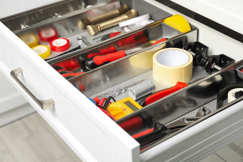 Set of Instruments in Open Desk Drawer Stock Photo - Image of house ...