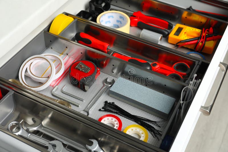 Set of Instruments in Open Desk Drawer, Closeup Stock Photo - Image of ...
