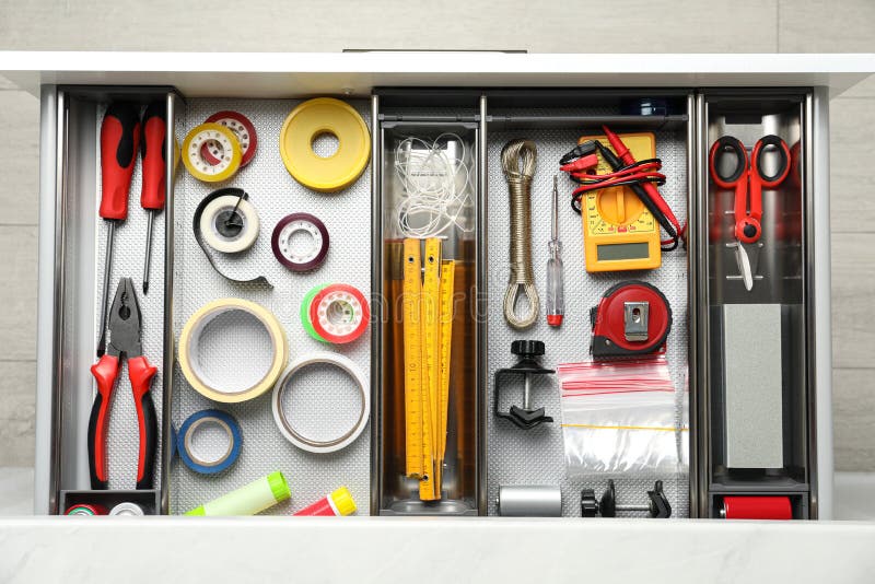 Set of Instruments in Open Desk Drawer Stock Photo - Image of ...