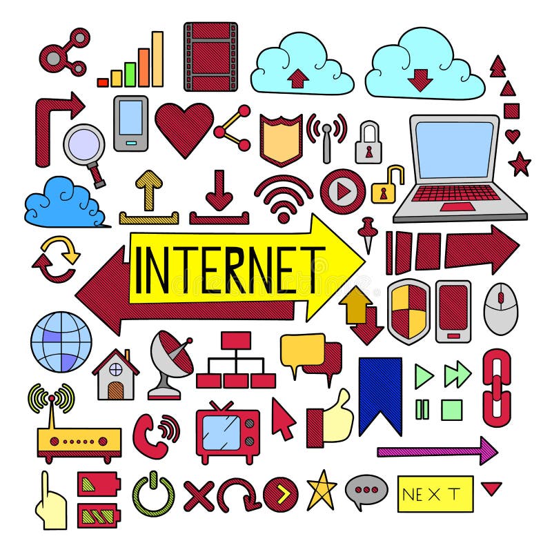 Set of Internet Doodle Vector. Creative Colour Art Hand Draw Ill Stock ...