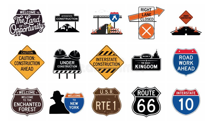 Set of Interstate Construction Sign, Route Sign Vector Design Stock ...