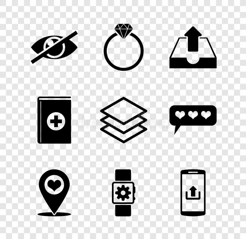 Set Invisible or Hide, Diamond Engagement Ring, Upload Inbox, Map Pointer with Heart, Smartwatch ...