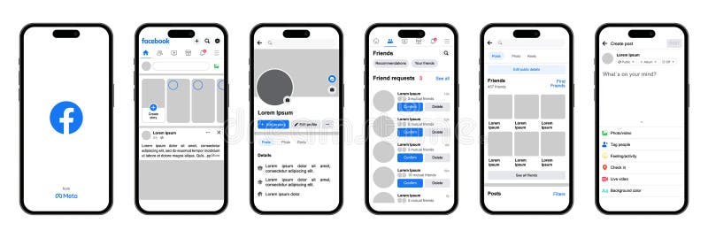 Set of IPhone 14 Pro Smart Phones with Facebook UI Templates on White ...