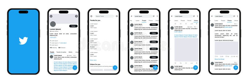 Set of IPhone 14 Pro Smart Phones with Twitter UI Templates on White ...