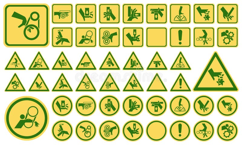 Set of ISO Warning Signs: Hand Crushing Force. Be Attentive. Hand ...