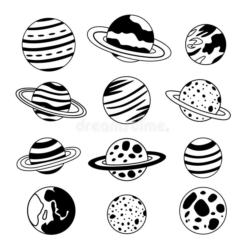 Set of Isolated Black and White Planets Stock Illustration ...