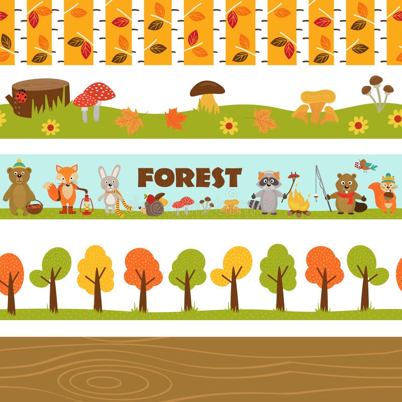 Woodland Animals Border Set Stock Vector - Illustration of line, body ...