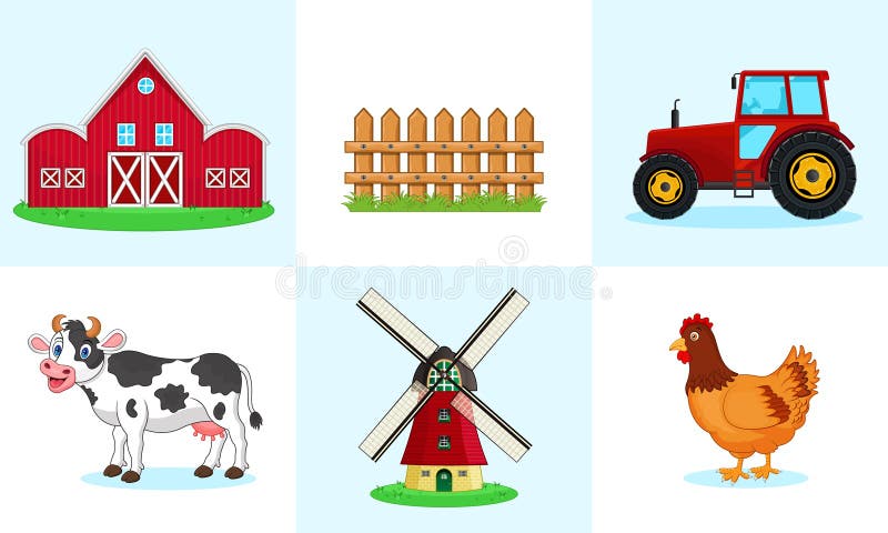Farm Objects Set. Red Barn, Farmhouse, Tractor Stock Illustration ...