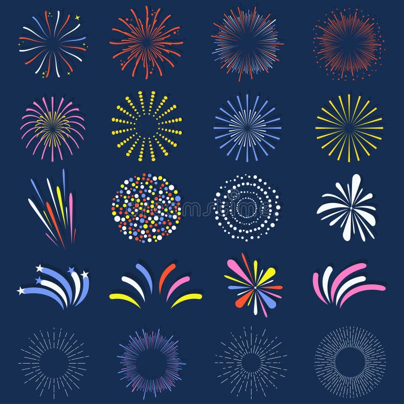 Set Of Isolated Fireworks. Brightly, Colorful And Monochrome ...