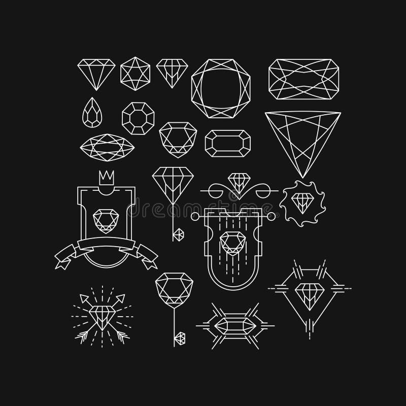Set of Isolated Gem Stones and Thin Line Design Elements, Emblems with ...