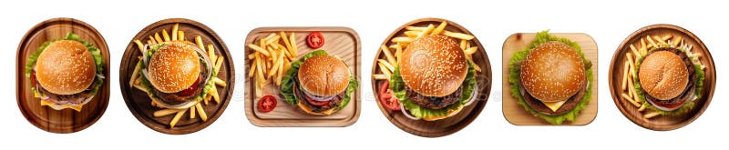 Set of Isolated Illustrations of Different Burgers on Wood Plate ...