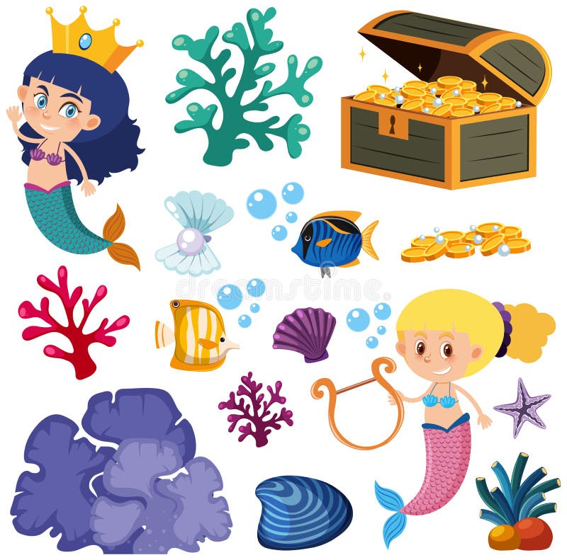 Set of Isolated Mermaid and Fish Stock Illustration - Illustration of ...