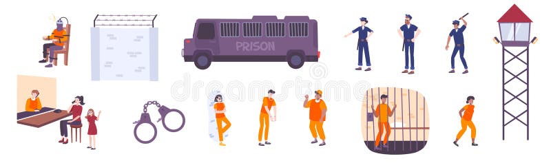 Set of Isolated Prison Flat Icons with Doodle Human Characters and Jail ...