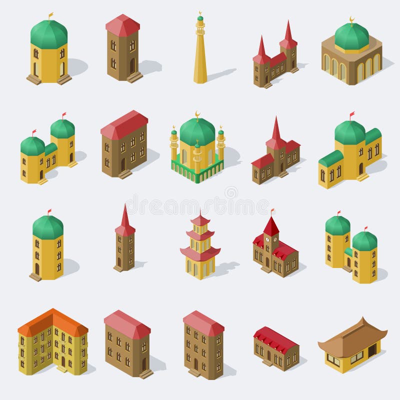 Set of Isolated Public Buildings in Isometric View Vector Illustration ...
