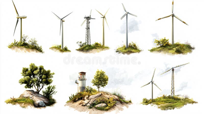 Set Isolated Wind Turbines Collection Transparent Background Stock ...