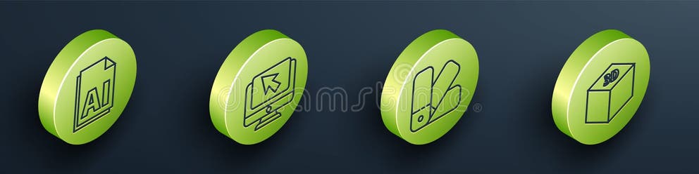 Set Isometric AI File Document, Computer Monitor and Cursor, Color Palette Guide and Isometric ...