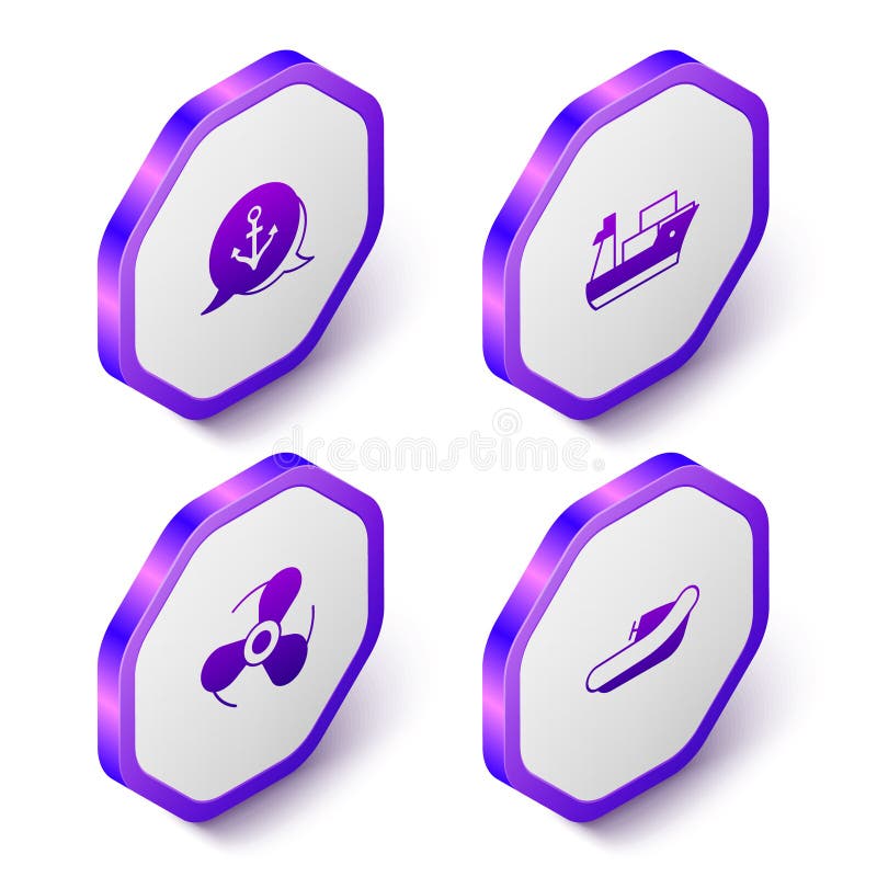 Set Isometric Anchor, Cargo Ship, Boat Propeller and Inflatable Boat ...