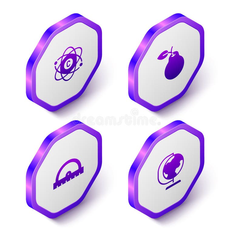 Set Isometric Atom, Pear, Protractor Grid and Earth Globe Icon. Purple ...