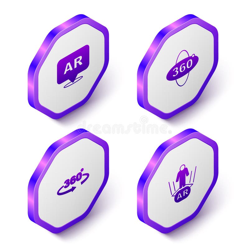 Set Isometric Augmented Reality AR, 360 Degree View, and Icon. Purple ...