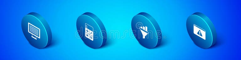 Set Isometric Binary Code, Sales Funnel with Chart, Browser Exclamation Mark and Calculator Icon ...