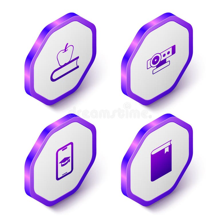 Set Isometric Book with Apple, Web Camera, Graduation Cap on Mobile and ...