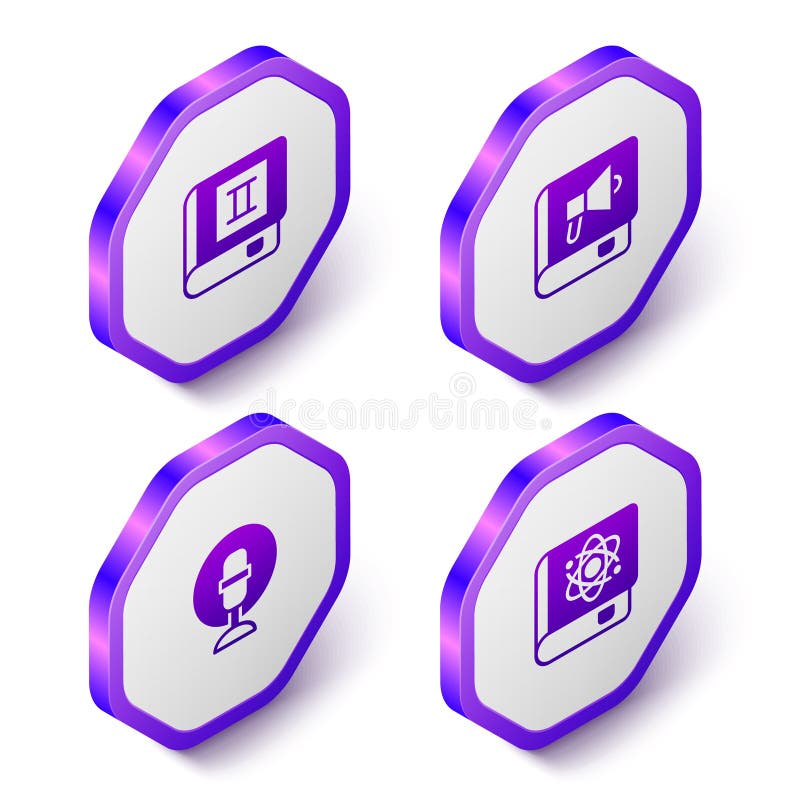 Set Isometric Book, Microphone and about Physics Icon. Purple Hexagon ...