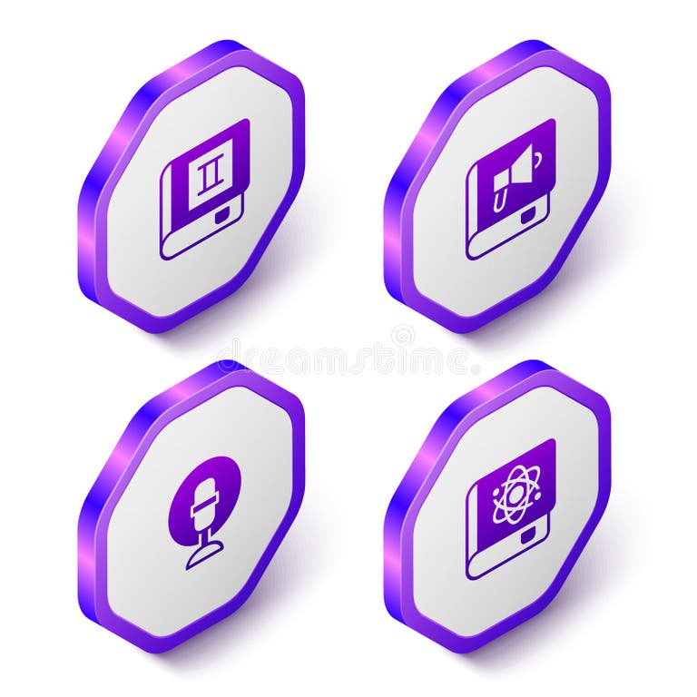 Set Isometric Book, Microphone and about Physics Icon. Purple Hexagon ...