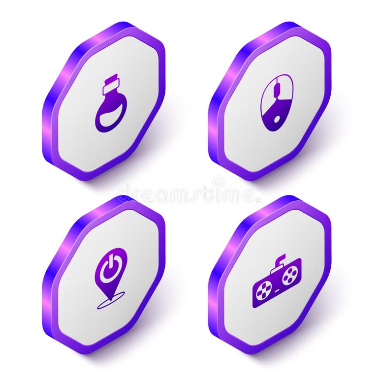 Set Isometric Bottle with Magic Elixir, Computer Mouse, Power Button and Game Controller or ...