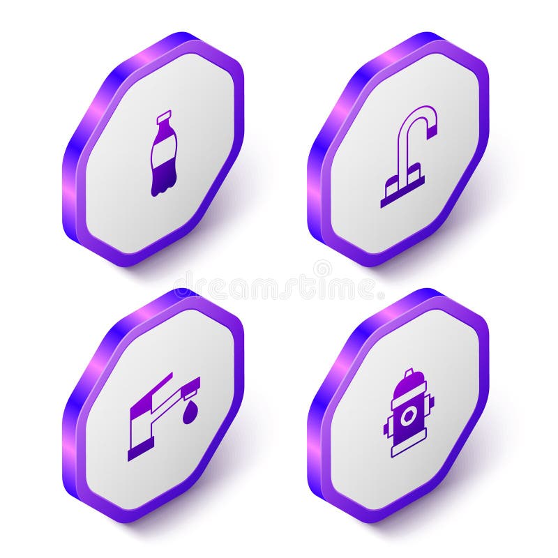 Set Isometric Bottle of Water, Water Tap, and Fire Hydrant Icon. Purple ...