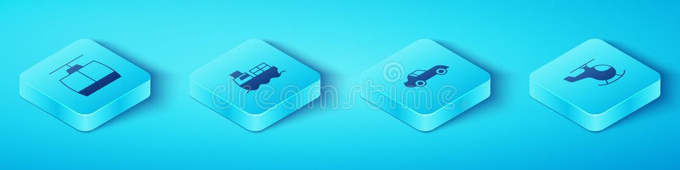 Set Isometric Cable Car, Cargo Ship with Boxes Delivery, Helicopter and ...