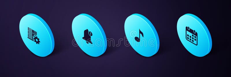 Set Isometric Calendar, Music Note, Tone, Bell and Server Setting Icon ...