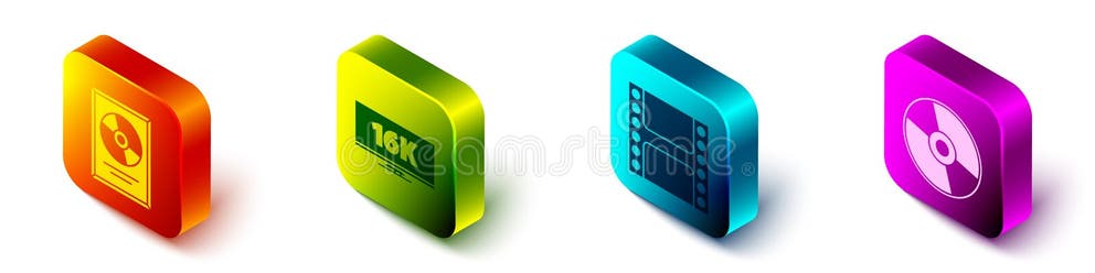Set Isometric CD Disk Award in Frame, Screen Tv with 16k, Play Video ...