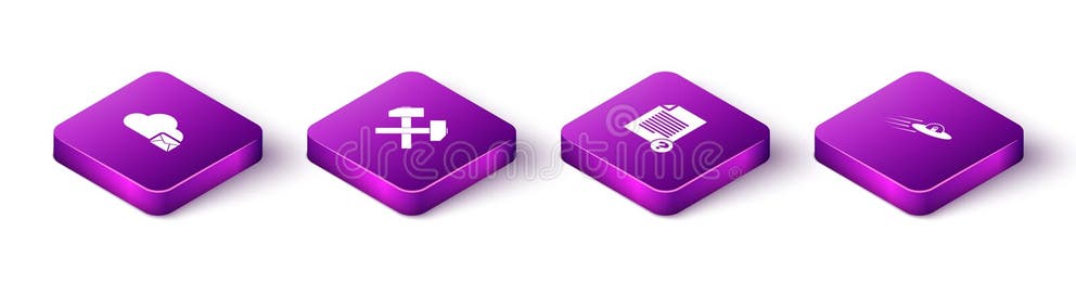 Set Isometric Cloud Mail Server, Two Crossed Hammers, Unknown Document and UFO Flying Spaceship ...