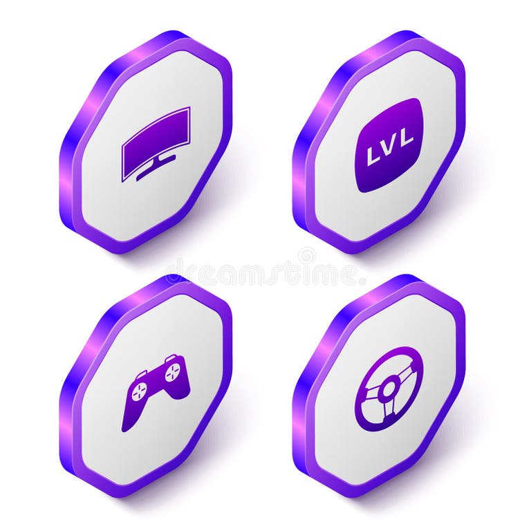 Set Isometric Computer Monitor, Level Game, Game Controller Joystick and Racing Simulator Icon ...
