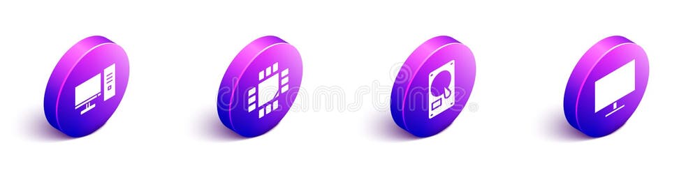 Set Isometric Computer Monitor, Processor with Microcircuits CPU, Hard Disk Drive HDD and ...