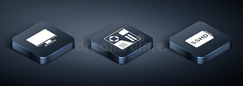 Set Isometric Computer Monitor Screen, SSHD Card and Motherboard ... Set Isometric Computer Monitor Screen, SSHD Card and Motherboard ...