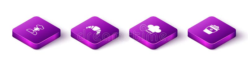 Set Isometric Cook, Croissant, Chef Hat and Coffee Cup To Go Icon ...