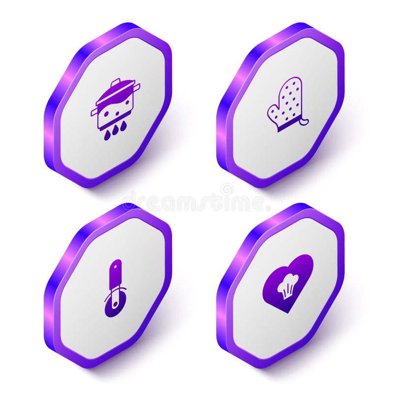 Set Isometric Cooking Pot on Fire, Oven Glove, Pizza Knife and Chef Hat ...