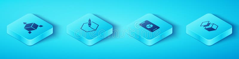 Set Isometric Isometric Cube, 3d Pen Tool, Layers and 3D Printer Software Icon. Vector Stock ...