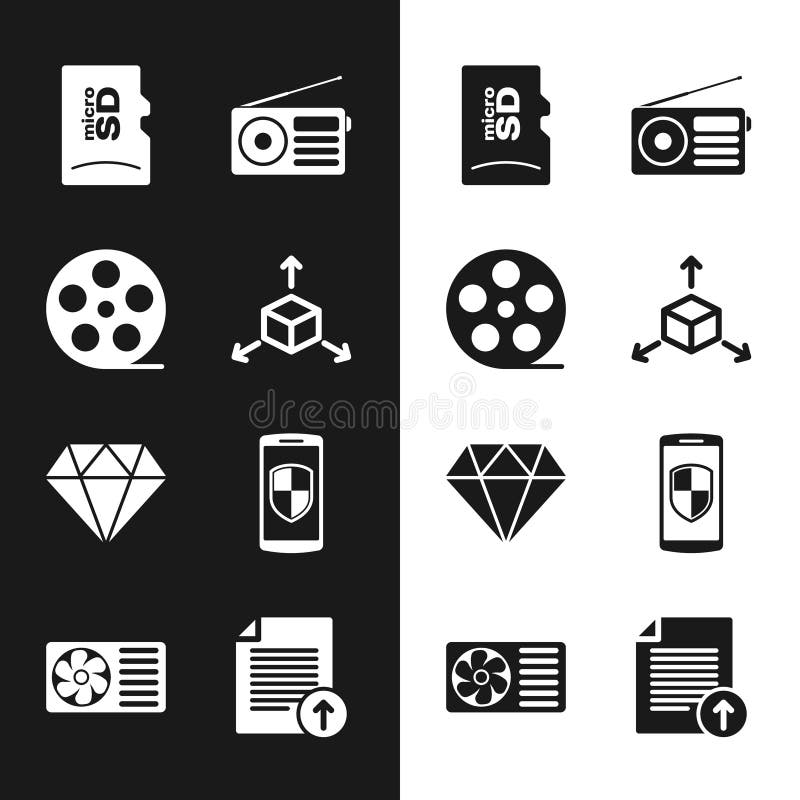 Set Isometric Cube, Film Reel, Micro SD Memory Card, Radio, Diamond and ...