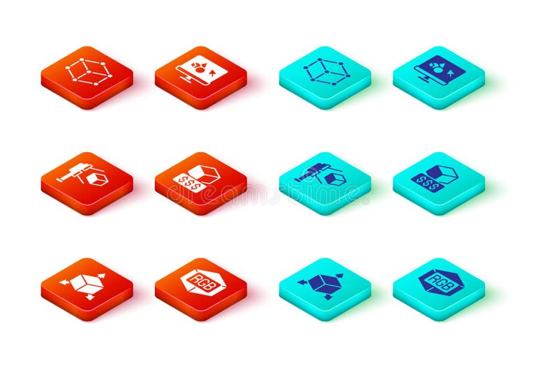 Set Isometric Cube, RGB and CMYK Color Mixing, 3D Scanner with, Printer ...