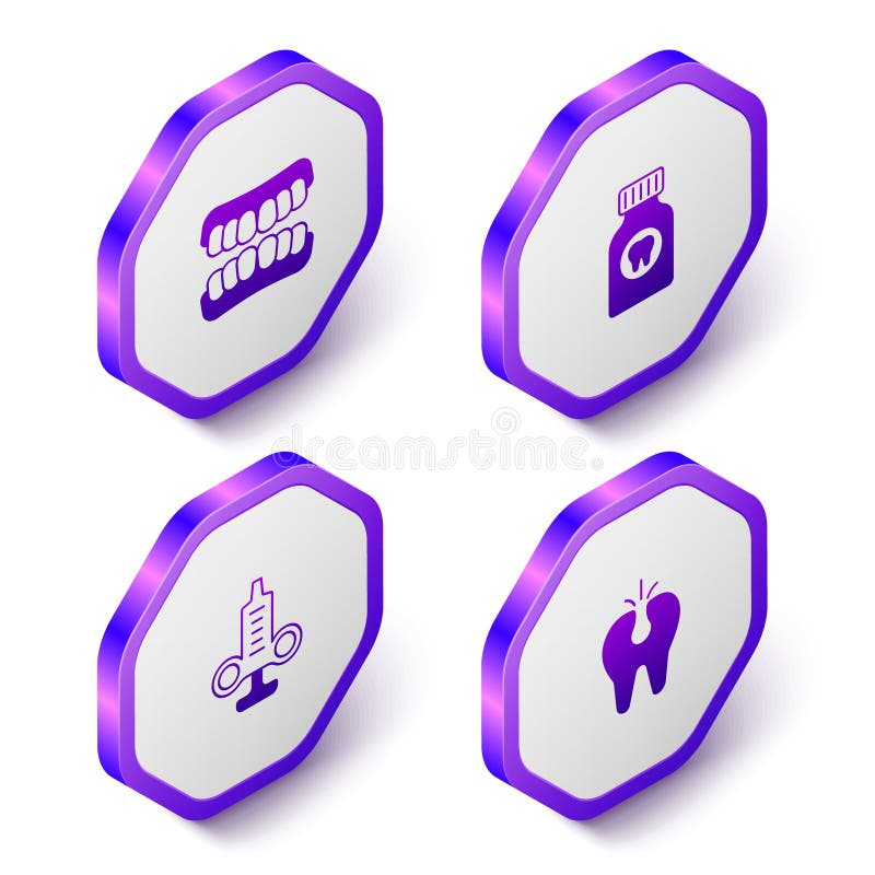 Set Isometric Dentures Model, Toothache Painkiller Tablet, Syringe and ...