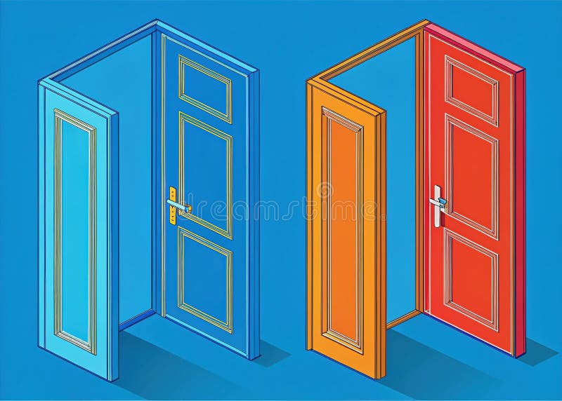 Isometric Double Doors Open and Closed Outline Illustrations for ...