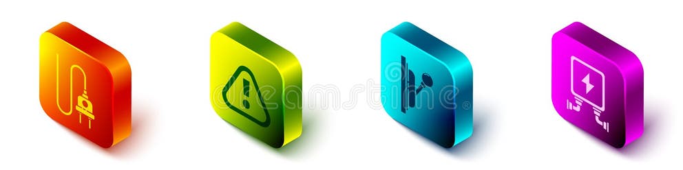 Set Isometric Electric Plug, Exclamation Mark in Triangle, Electrical ...