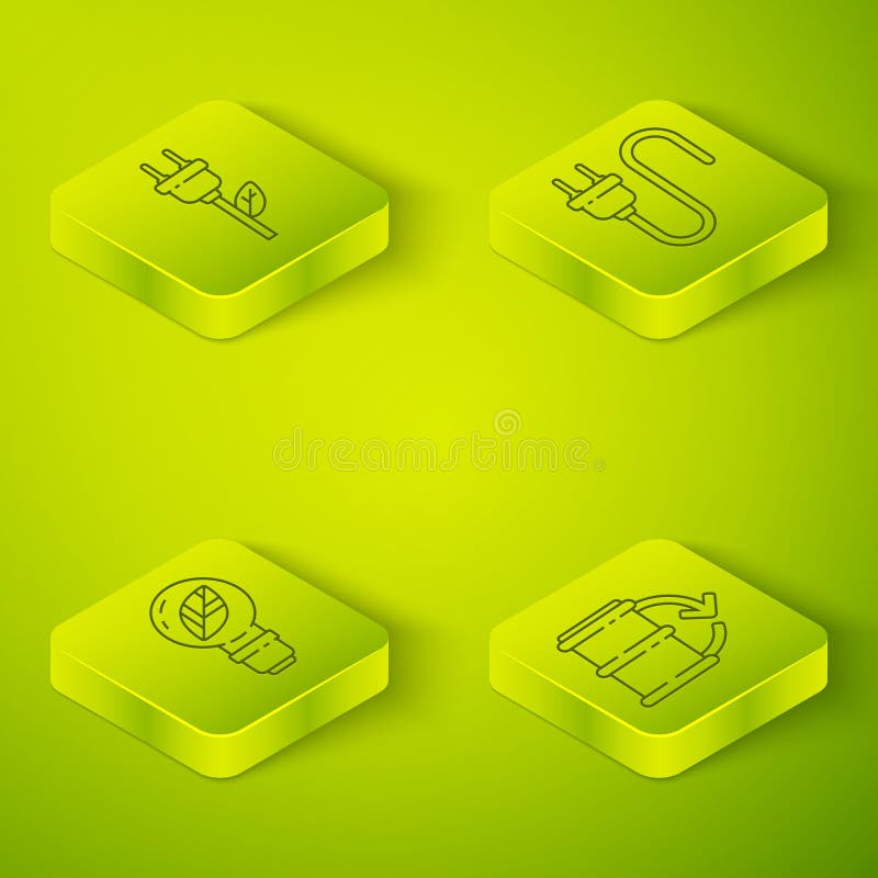 Set Isometric Electric Plug, Light Bulb with Leaf, Eco Fuel Barrel and ...