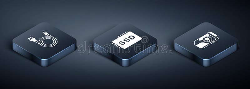 Set Isometric Electric Plug, Video Graphic Card and SSD Icon. Vector ...