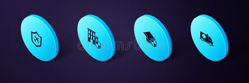 Set Isometric Emergency Car, Graduation Cap with Shield, House and ...